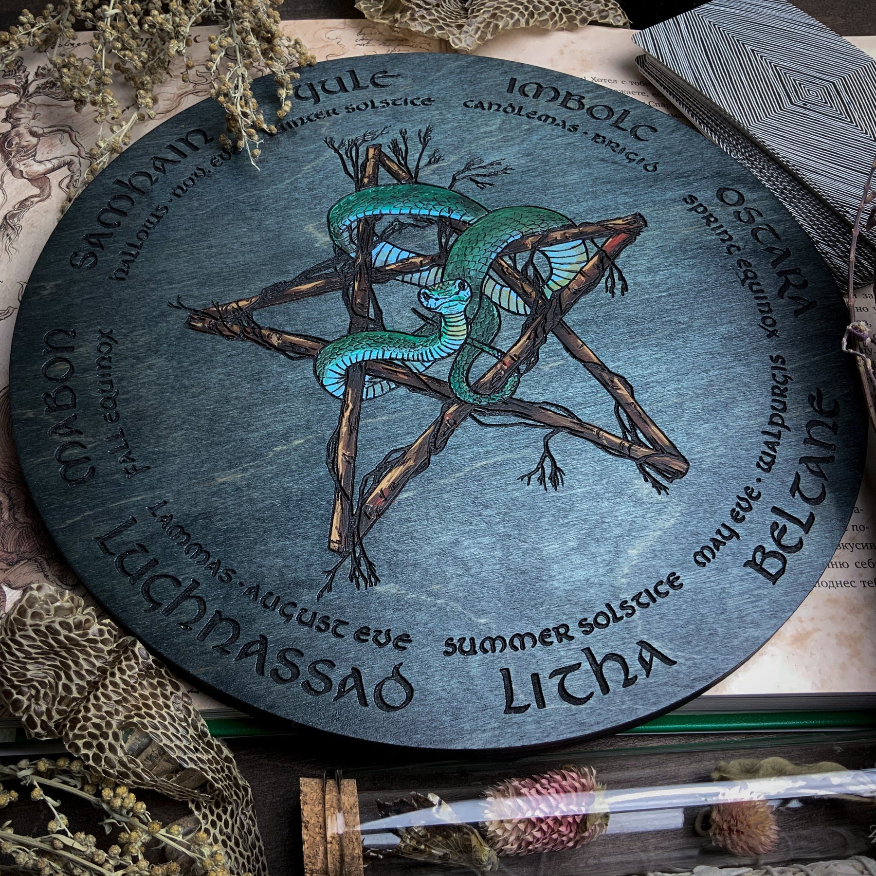 Wheel of the Year - Snake Pentagram - Gray wood+full color