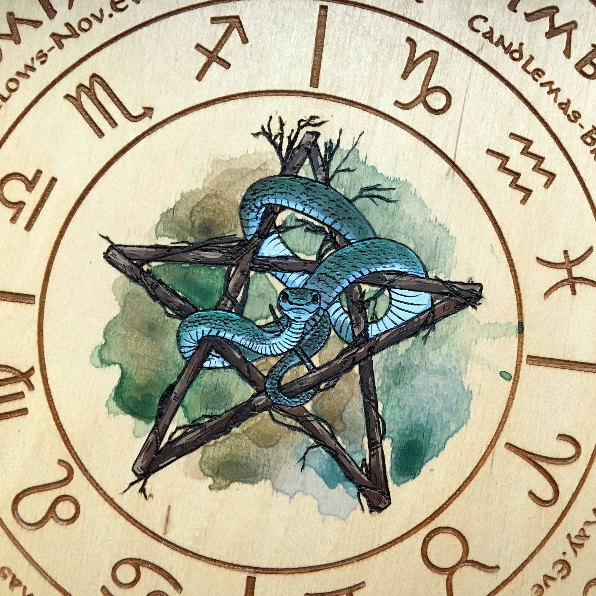 Wheel of the Year - Snake Pentagram Zodiac - Natural wood+full color